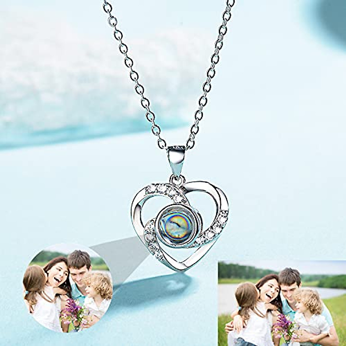 V2G1K2HJ.d Custom Photo Projection Necklace Heart Pendant Necklaces Chain Projection Gift for Love Women Family Christmas Valentine's Day Mother Day
