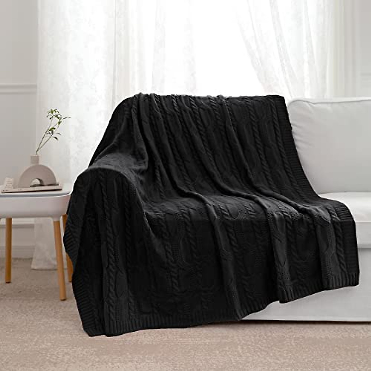 Aormenzy Black Knit Throw Blankets Cable Knit Decorative Throw Blanket Soft Cozy Knitted Blanket for Sofa Couch Bed, 50" x 60"