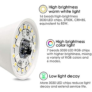 Yangcsl LED Light Bulb 85W Equivalent, RGB Color Changing Light Bulb, 6 Moods - Memory - Sync - Dimmable, A19 E26 Screw Base, Timing Remote Control Included (Pack of 2)