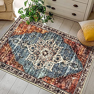 COLORPAPA Area Rug 2x3 Machine Washable Small Rug Vintage Boho Rugs Non-Slip for Entryway Hallway Bedroom Kitchen Bathroom Runner Rug Blue Taupe Carpet