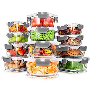 SereneLife 24-Piece Food Glass Storage Containers - Superior Glass Food Storage Set, Stackable Design with Newly Innovated Hinged Locking lids, 11 To 35 Oz. Capacity, Gray - SLGL24GY