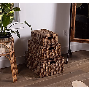 BIRDROCK HOME Seagrass Floor Baskets with Lids - Set of 3 - Brown Wash - Hand Woven Container for Blankets Pillows - Sturdy Metal Frame - Organization - Storage