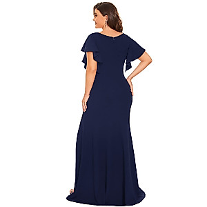 Ever-Pretty Women's Plus Size V-Neck Ruffle Sleeves Side Slit Mermaid Elastic Empire Prom Dress Formal Dress Navy Blue L