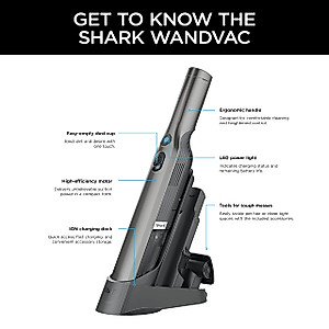 Shark WV201 WANDVAC Handheld Vacuum, Lightweight at 1.4 Pounds with Powerful Suction, Charging Dock, Single Touch Empty and Detachable Dust Cup