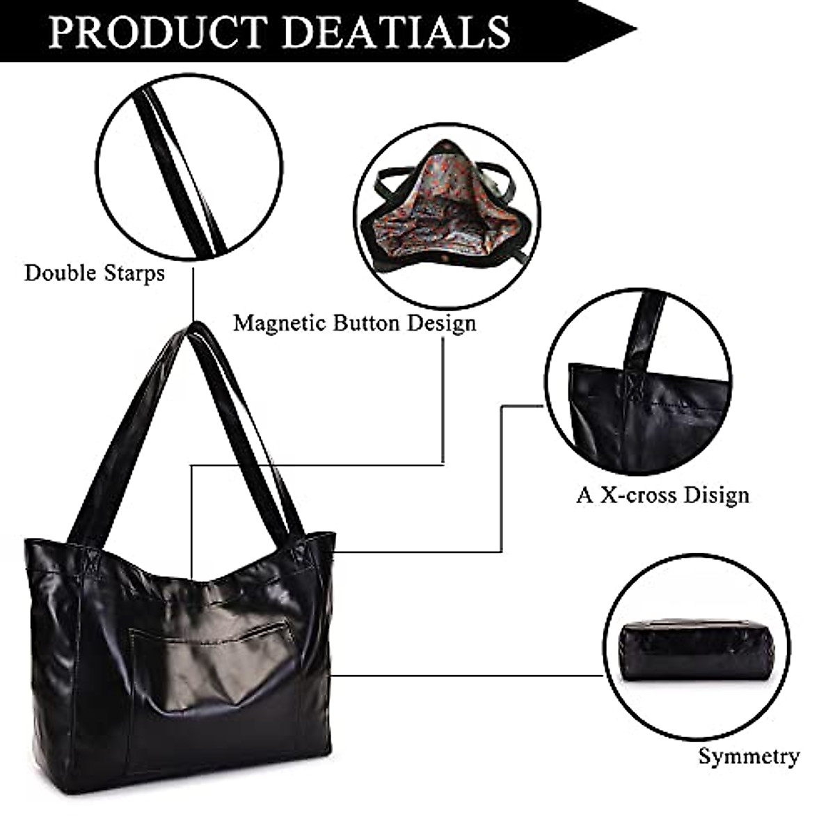 Women's Leather Tote Purses Designer Handbags Shoulder Bucket Tote Bag With Top Handles (Black 2)