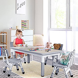 AuAg 47.2‘’ Kid Table and 4/6 Chairs Set, Height Adjustable Toddler Study Table&Chair Set for Age 2-10, Multi-Activity Art Table W/Graffiti&Scrubtable Desktop, for Daycare, Classroom, Home