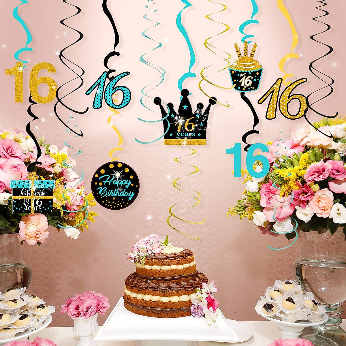 Sweet 16 Birthday Decorations for Girl Teal Gold 16th Birthday Hanging Swirls Sixteen Birthday Hanging Swirls Decorations for Teal Gold 16 Years Old Party Supplies