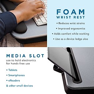 LAPGEAR Memory Foam Lap Desk with Wrist Rest and Media Slot - Large - Silver Carbon - Fits up to 17.3 Inch Laptops and Most Tablets - Style No. 91365