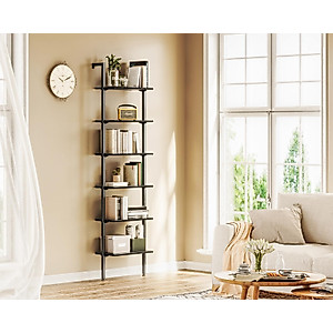 ODK Ladder Shelf, 6 Tier Black Bookshelf, 86 Inch Wall Mounted Book Shelf with Metal Frame, Ladder Bookshelf Bookcase for Bedroom, Home Office and Living Room