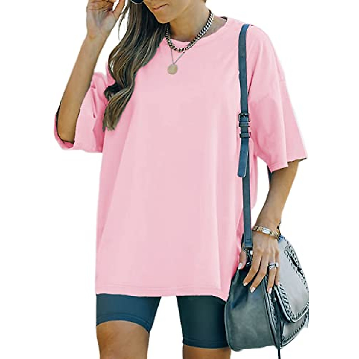 YEXIPO Women's Oversized T Shirts Summer Short Sleeve Loose Fit Casual Crewneck Plain Tunic Tops Pink
