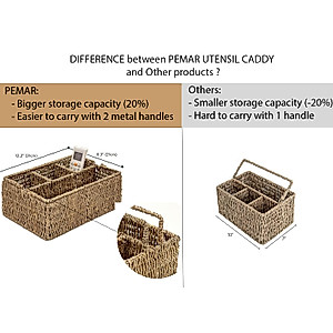 PEMAR Large L-Sized Hand Woven Utensil Caddy Carrier, Natural Jute Wicker Condiment Holder for Table, Kitchen Set Counter Top Silverware Organizer, Rustic Storage Forks, Spoons (Seagrass)