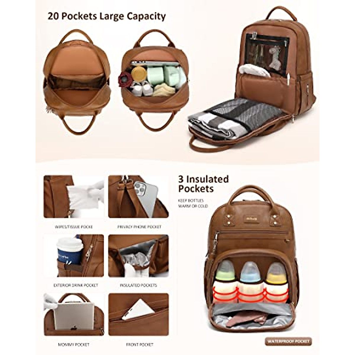 Leather Baby Diaper Bag Backpack with Portable Travel Changing Pad Girl Boy, Large Dad Brown Diaper Bags Pacifier Case Stroller Straps, Baby Registry Search Shower Gifts Stuff Newborn Must Haves
