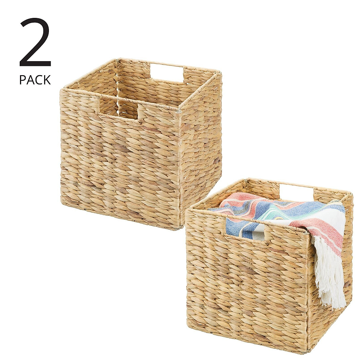 mDesign Woven Hyacinth Durable Closet Storage Organizer Basket Bin - for Cube Furniture Shelf Organizing in Bedroom, Bathroom, Office - Holds Clothes, Blankets, 2 Pack - Natural