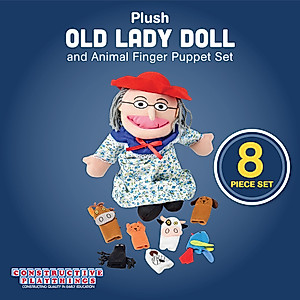 Constructive Playthings Plush "Old Lady" Doll and Animal Finger Puppet Props Set for "There Was An Old Lady Who Live Swallowed a Fly" Children's Book, For Kids Ages 3+