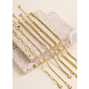 6Pcs Gold Chain Bracelet Sets for Women, 14K Gold Plated Bracelets for Girls, Jewelry Bracelets Set for Gifts, Cuba Paperclip Link Bracelets Set, Adjustable Bracelets with Rhinestone Pendant, 7.09'' and 1.9'' Extension