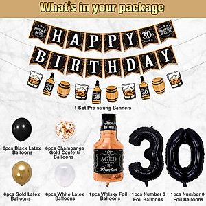 Sinasasspel Whiskey 30th Birthday Decorations Gold & Black Aged to Perfection Birthday Party Banner Whiskey Garland, 27 Balloons for 30 Years Old Party Supplies