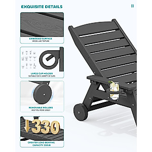 SERWALL Patio Chaise Lounge Chair Set of 2, 5 Positions Adjustable HDPE Outdoor Lounge Chair for Pool, Poly Lounge Chair with Rolling Wheels & Cup Holder for Poolside, Deck, Slate Gray