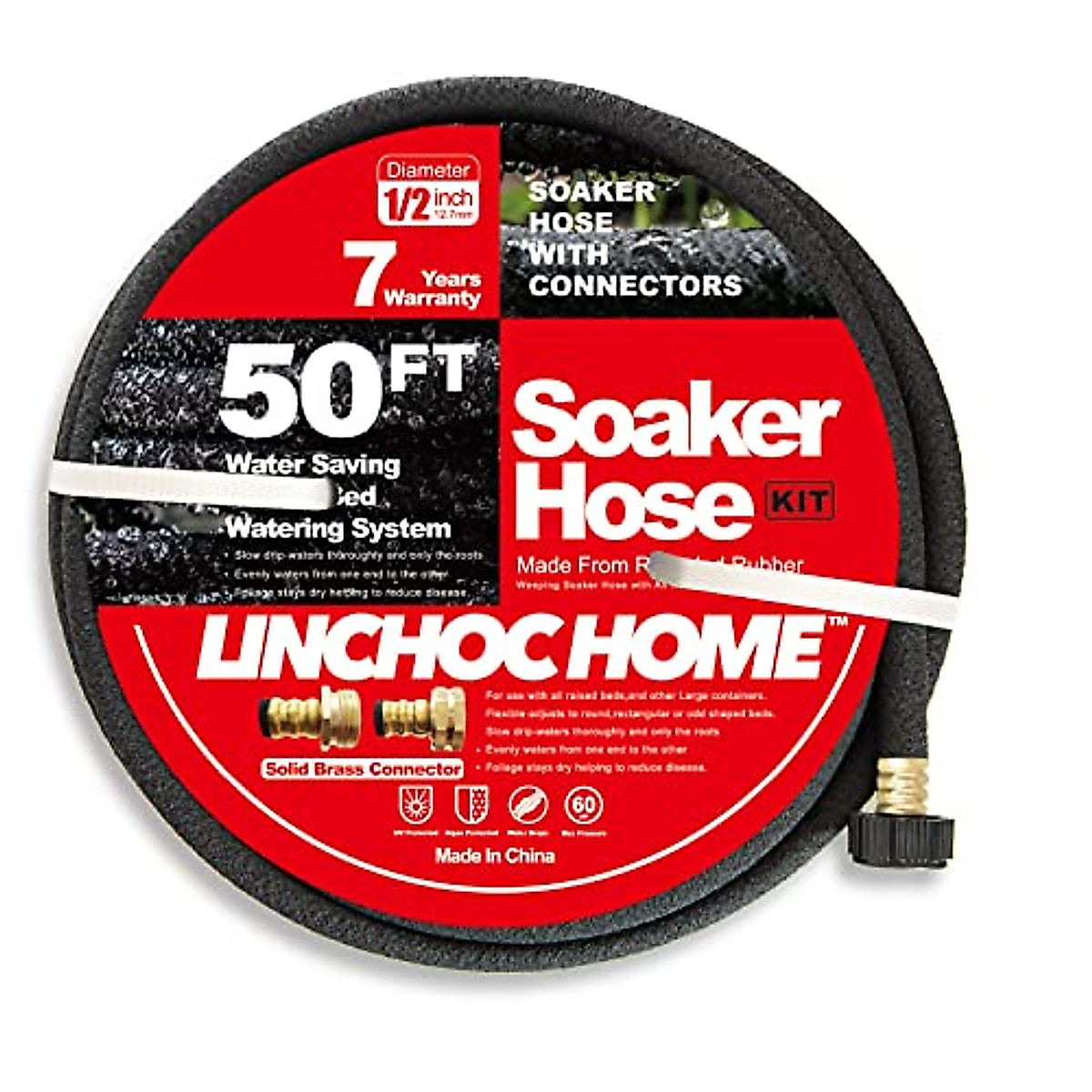 Soaker Hose 50 ft for Garden Beds,Solid Brass Connector Heavy Duty 1/2" Soaker Garden Hose for Vegetable Beds, Tree,Lawn and Plants