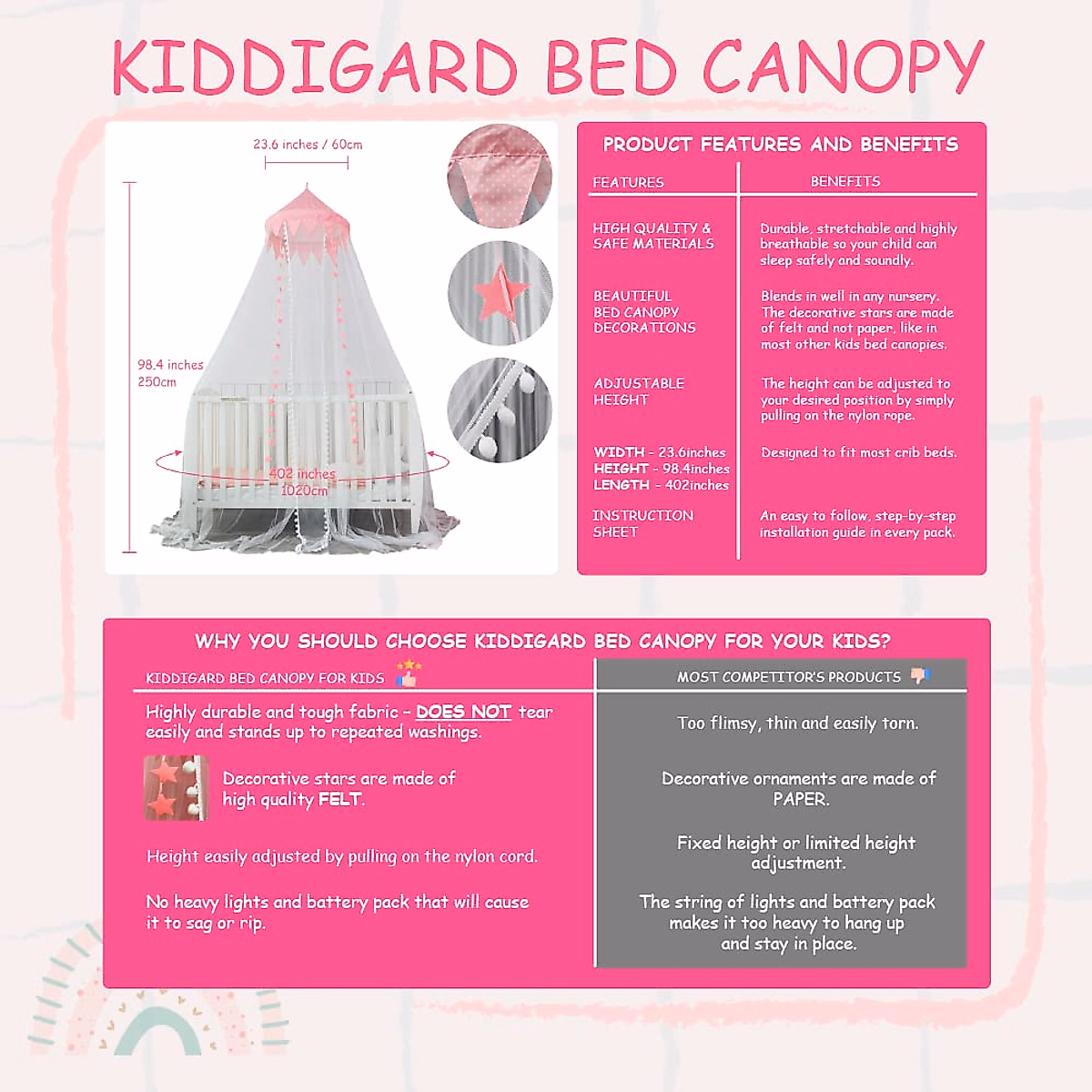 Bed Canopy for Kids - Bed Canopy Mosquito Net with Pom Poms and Felt Stars by Kiddigard - Bed Canopy for Girls - Bed Canopy Baby - Bed Canopy Set.