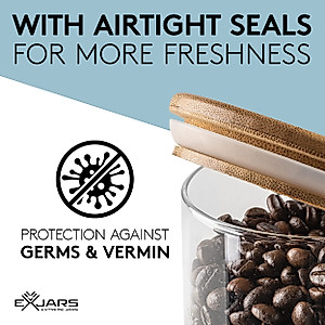 6 Glass Food Storage Jars With Airtight Bamboo Lid | 3 Sizes of Containers with Spoons And Labels | Organize Your Pantry, Kitchen, or Bathroom. Good for Pasta, Use Them For Coffee, Food, or Soap