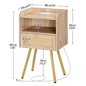 HOOBRO Nightstand with Charging Station, Side Table with Rattan-Like Decor Drawer, Rattan End Table with Open Storage, Bedside Table for Bedroom, Study Room, White Oak DO92UBZ01