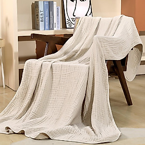 Yoofoss Muslin Blanket 100% Cotton Summer Blanket Large Twin Size 60" x 80" for Bed Couch 6-Layer Gauze Blanket for Adults Lightweight and Breathable Apricot White