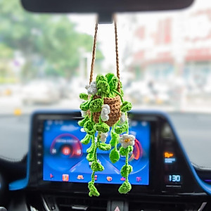 Car Mirror Hanging Accessories ， Car Rearview Mirror Decor，Cute Crochet Orchid Hanging Ornament for Women, Pendant Plant for Gift-Handmade Knitted(White Flowers)