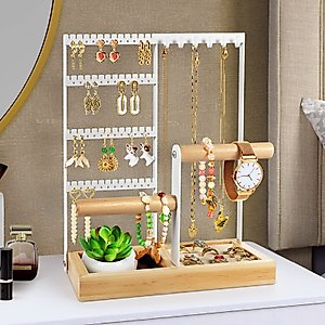 Godboat Jewelry Organizer, 4-Tier Earring Holder Organizer with 48 Holes, 6 Hooks Necklace Organizer, Wood Box for Bracelet & Ring, Christmas Gifts for Home Decor, Preppy Stuff & Room Decor (White)