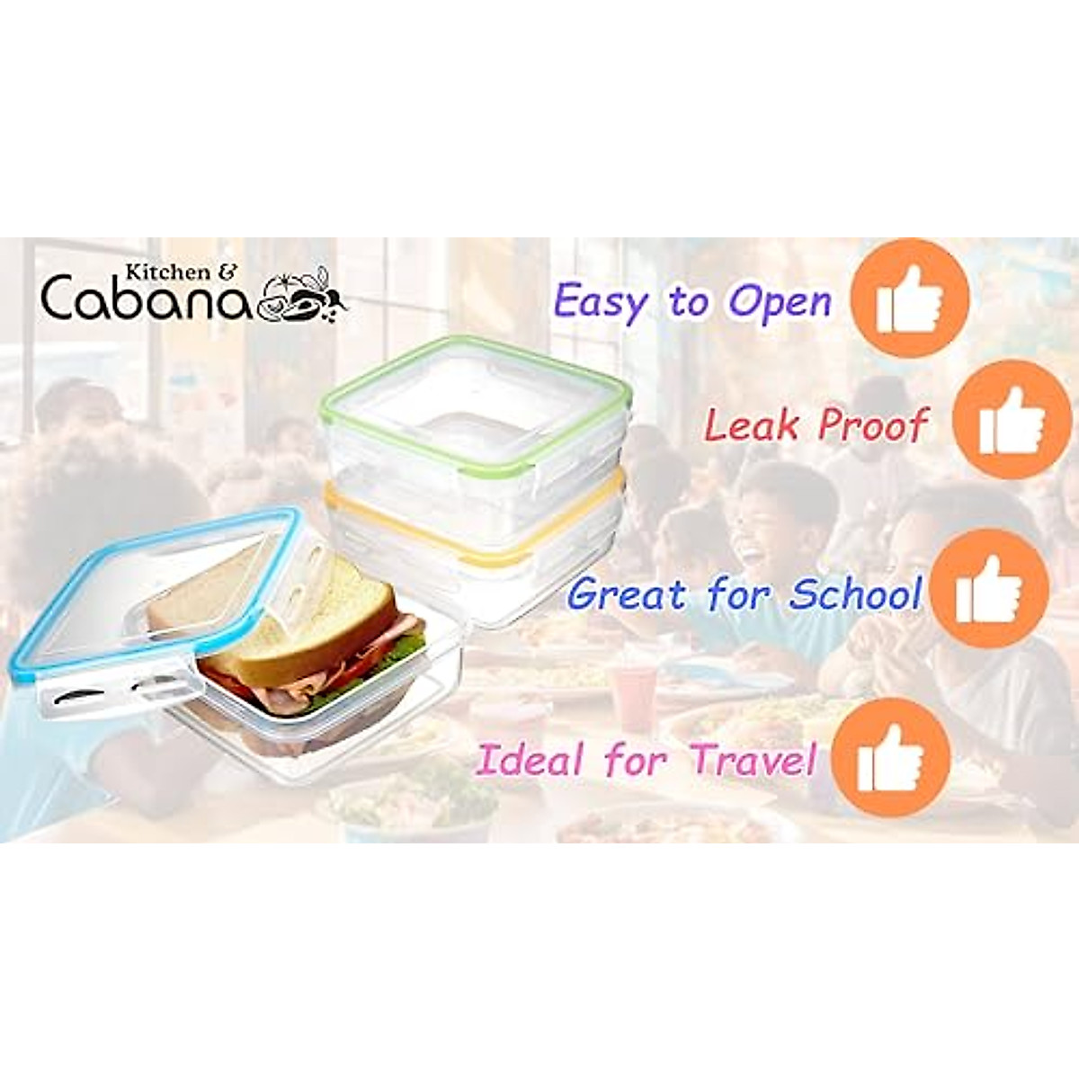 Kitchen & Cabana - Set of 3 - Fun Size Sandwich Containers - Reusable, BPA Free Plastic, Snap Shut Lids with Airtight Silicone Seal. Great for Sandwiches, Snacks and Storage (K&C-3PK)