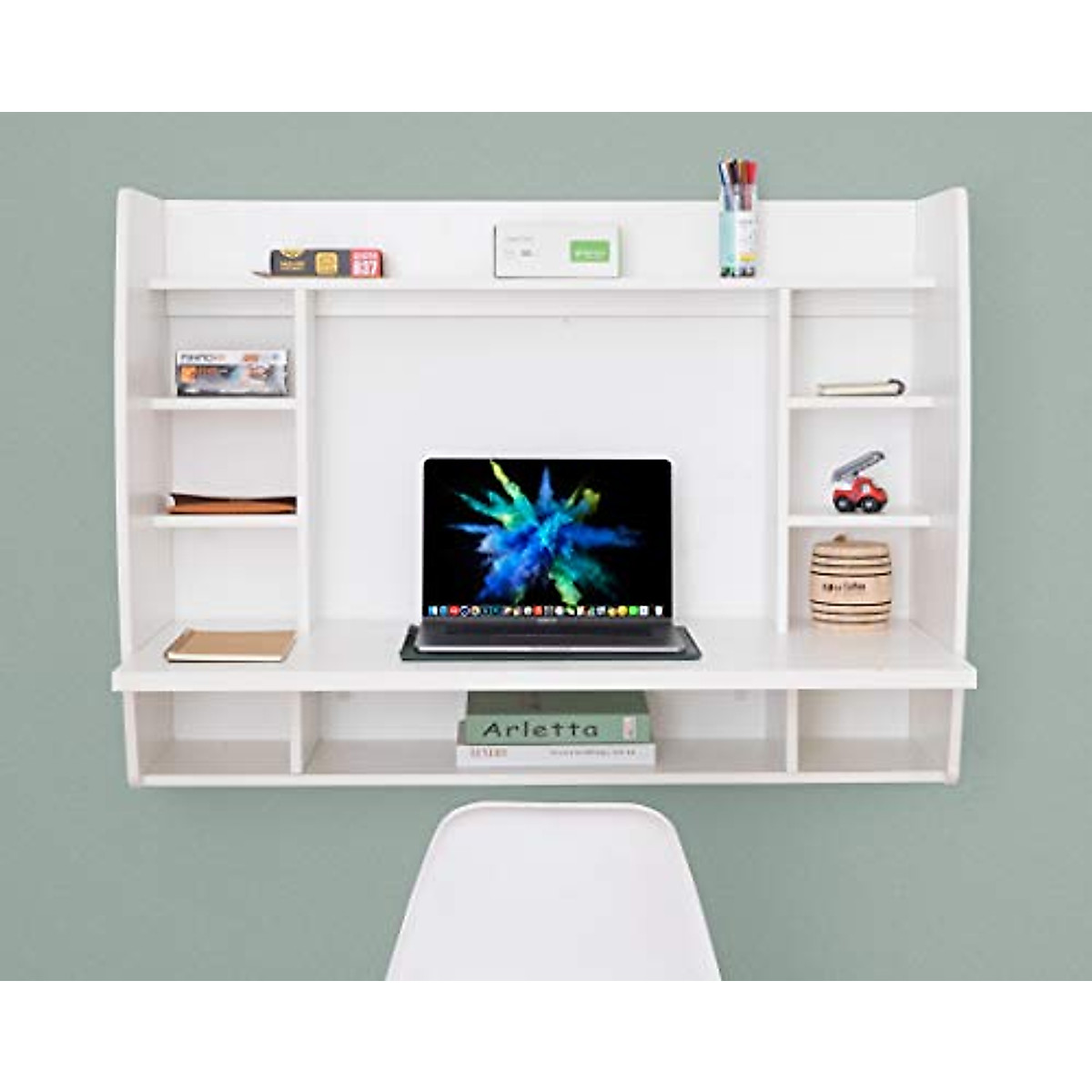 Basicwise Wall Mount Laptop Office Desk with Shelves, White,