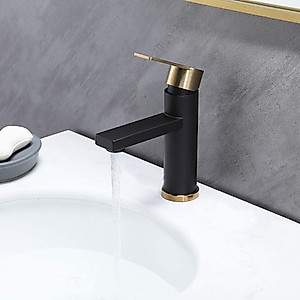 Comllen Black Single Hole Bathroom Faucet, Modern Single Handle Bathroom Sink Faucet Brushed Gold and Matte Black One Hole Lavatory Vanity Faucets with Water Supply Lines