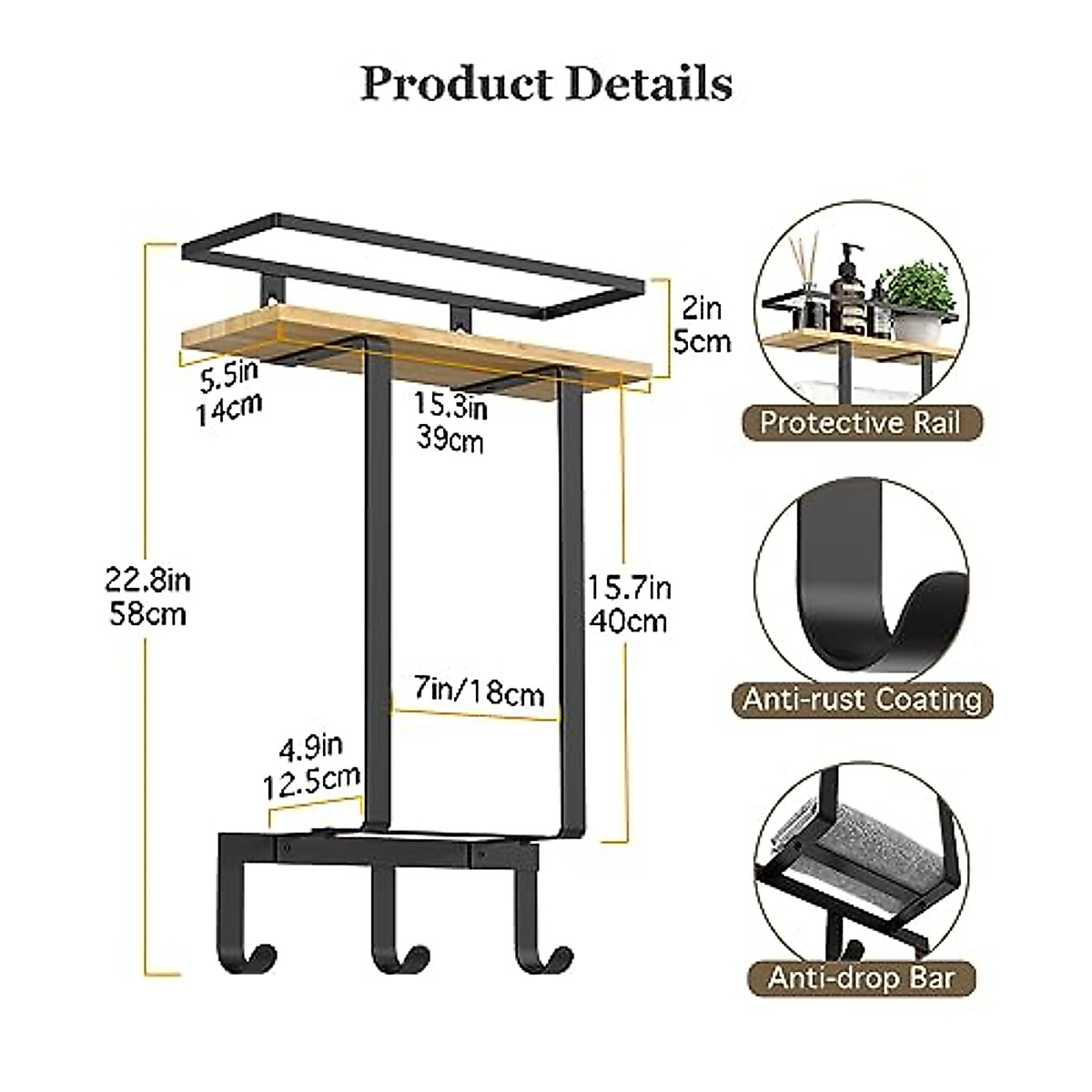 Luxspire Towel Racks Wall Mounted for Bathroom, Towel Holder Wall Mounted with Wooden Floating Shelf & 3 Metal Hooks, Rolled Bath Towel and Hand Towel Rack for Bathroom, Black + Wooden