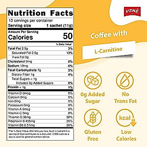 FITNE Instant 3 In 1 Coffee Packets Mix With L-Carnitine For Workout Exercise Vitamin B1 B2 B6 Smooth Blend No Sugar Sucralose Sweetener, 10 Sticks