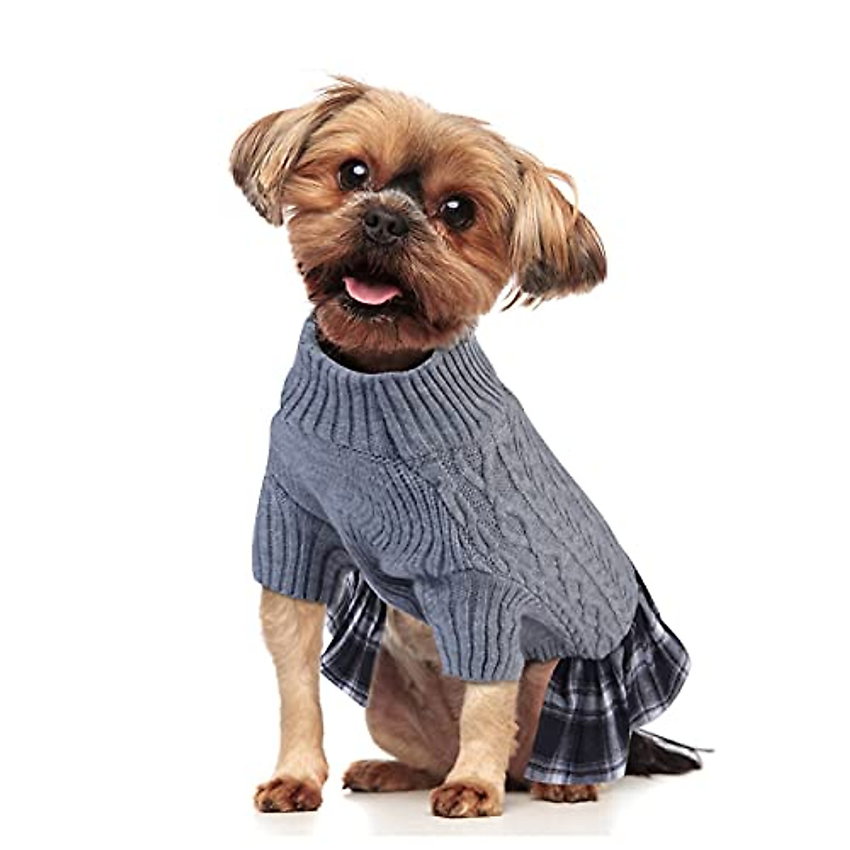 Dog Sweaters Plaid Dress, Puppy Warm Knitwear Dress for Dogs Cats, Cold Weather Doggie Kitten Apparel, Turtleneck Pet Dresses Outfits with Leash Hole for Yorkie Shih Tzu Teddy Bichon Frise Chihuahua
