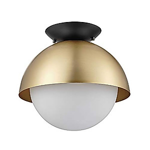 Globe Electric Oswald 1-Light Flush Mount, Matte Brass, Matte Black Accent Canopy, Frosted Glass Shade