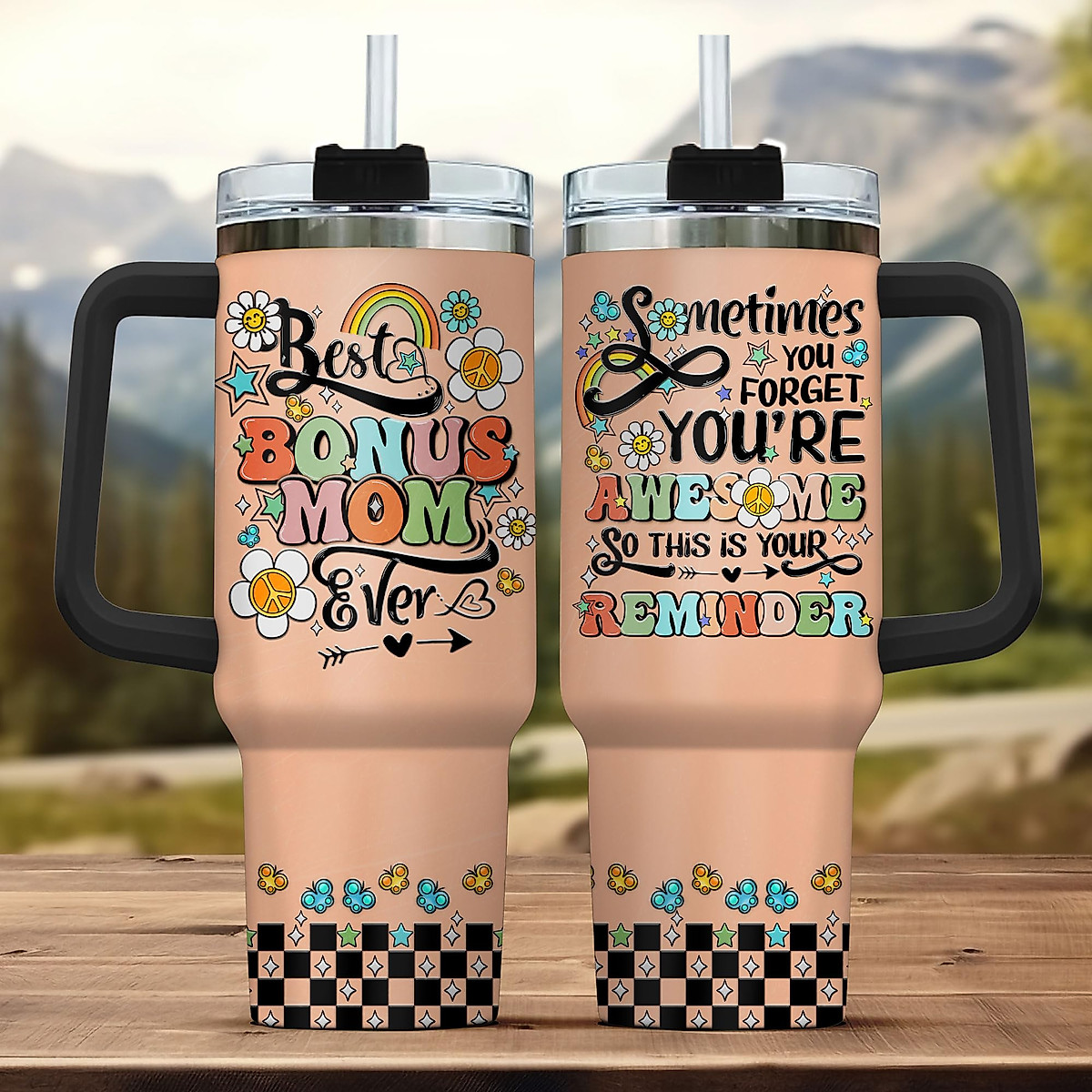 99OWL For Day Momma Cups Be Mothers Cup Women Straws Mama Green Brown Insulated, Bonus Mom Checked Inspiration, Tumbler 40 Oz With Handle Lid And Straw, Bonus Mom Gifts