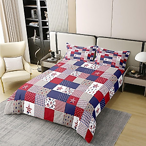 Feelyou Patriotic 4th of July Bedding Set King Size Americana Stars Plaid Duvet Cover 100% Cotton for Adults Women Men Independence Day Comforter Cover Set Red Blue Bedspread Cover 3Pcs,No Comforter