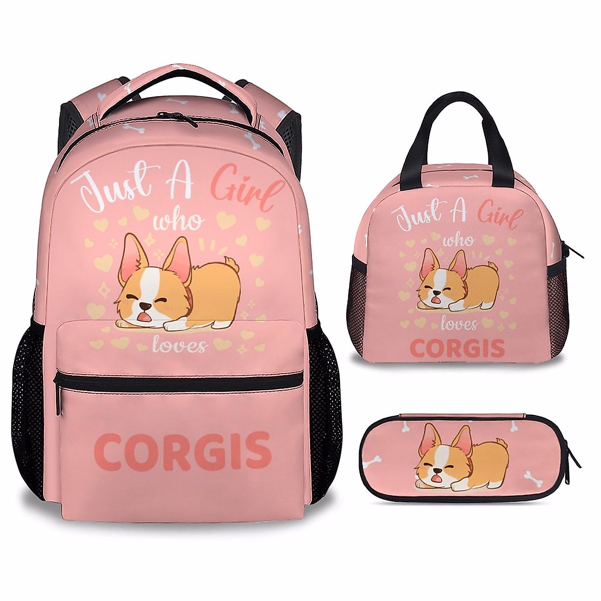 KNOWPHST Corgi Backpack with Lunch Box Set for Girls Boys, 3 in 1 Primary Middle School Backpacks Matching Combo, Large Capacity, Durable, Lightweight, Pink Bookbag and Pencil Case Bundle