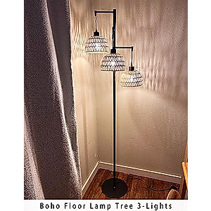 QIYIZM Floor Lamp for Living Room,Bedroom,3-Lights Boho Rattan Floor Lamps,Tree Farmhouse Industrial Black Standing Lamp Wicker Rustic Adjustable Tall Lamp,Woven Bamboo LampShade Floor Light Bohemian
