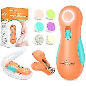 Electric Baby Nail File Trimmer: Easy@Home Safe Nail Clippers Kit - Baby Nail Clippers with 6 Grinding Heads and LED Light for Newborn Toddler Kids or Adults | Fingernails Care Trim ENT019