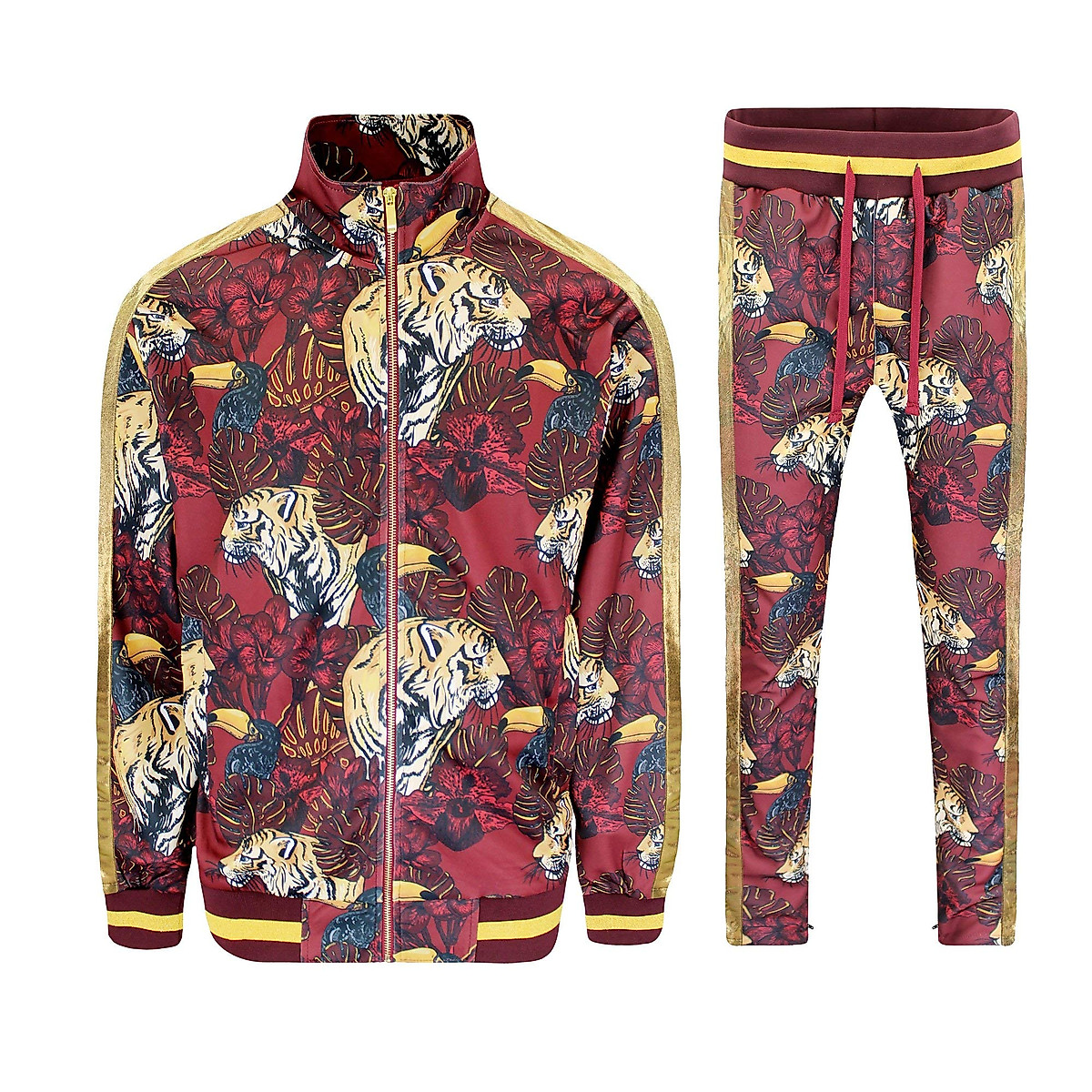 G-Style USA Men's Royal Floral Tiger Track Suit ST559 - Burgundy -Large
