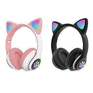 UXELY Girl Wireless Gaming Headset, Cute Cat Ear Headset with LED Lights, Noise Cancelling Stereo Gaming Headphones, Fashion Bluetooth 5.0 Headset for Kids & Adults Wearing