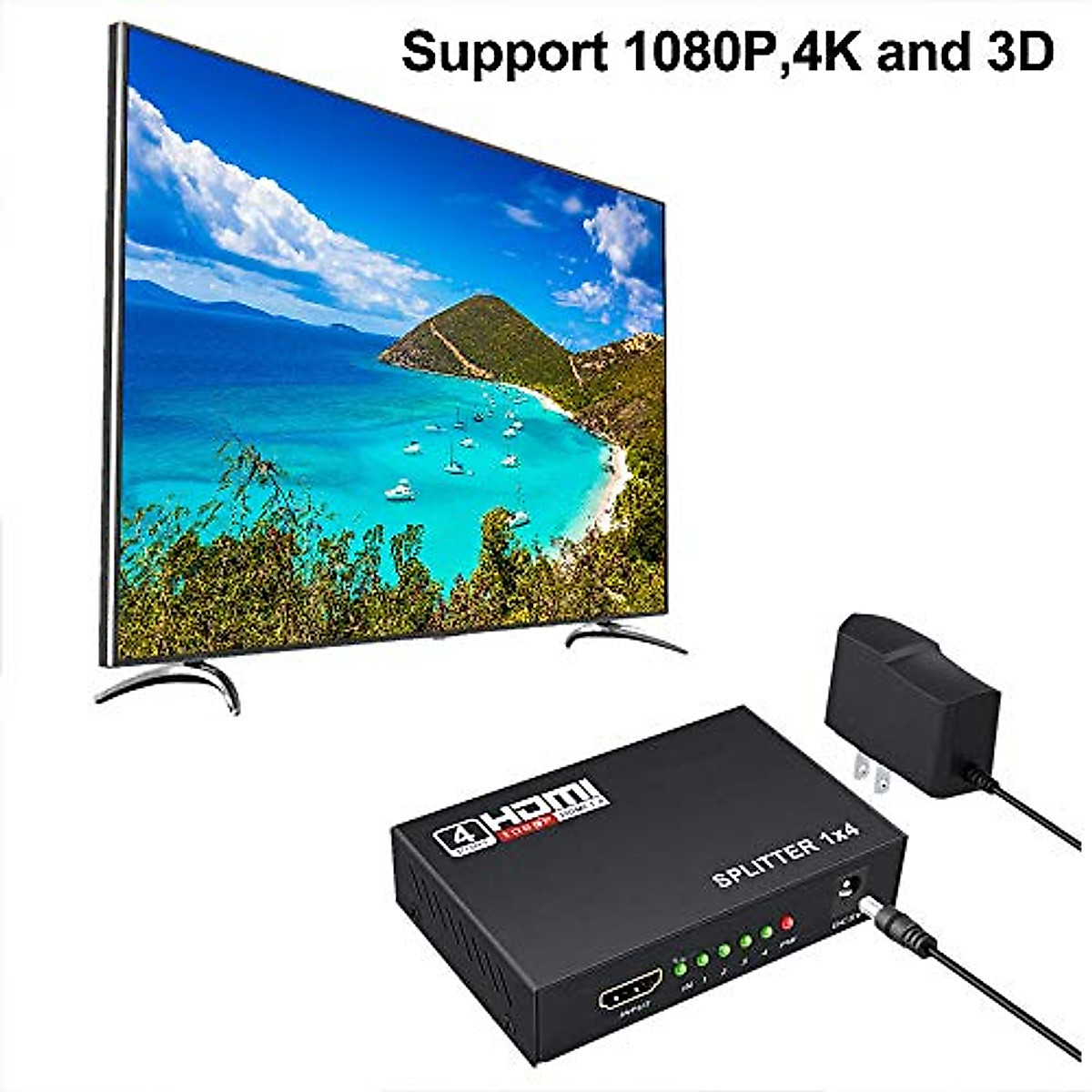HDMI Splitter 1 in 4 Out -4K Hdmi Splitter 1x4 Ports v1.4 Powered 4K/2K Full Ultra HD 1080p US Adapter 3D Support