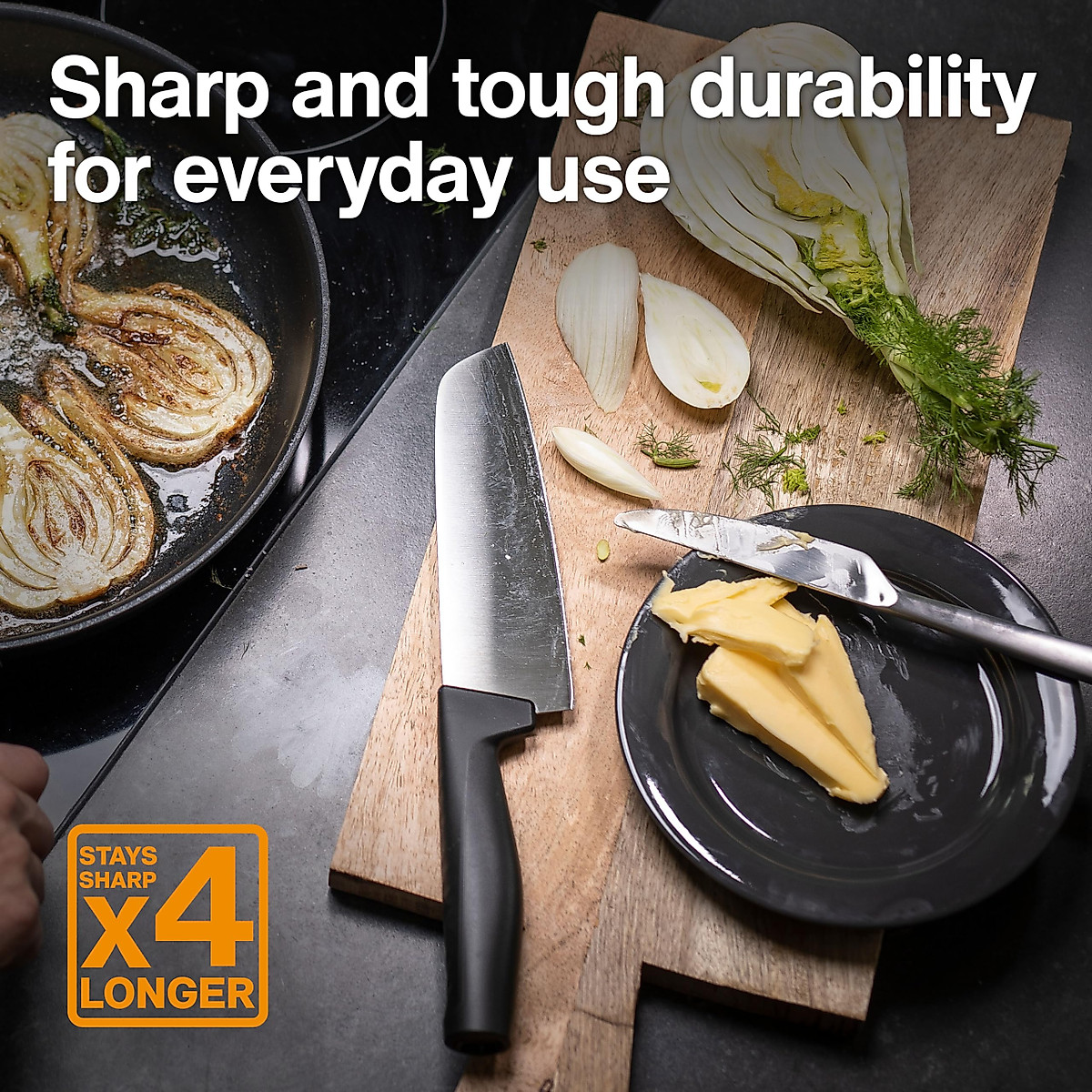 Fiskars 6.3" Santoku Knife, Kitchen Knife for Chopping, Dicing, and Mincing with Japanese Stainless Steel Hard Edge Blade, DIshwasher Safe