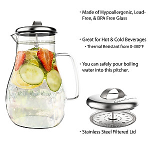 Classic Cuisine Glass Pitcher-64oz. Carafe with Stainless Steel Filter Lid-Heat Resistant to 300F-For Water, Coffee, Tea, Punch, Lemonade and More, 64 oz, Clear