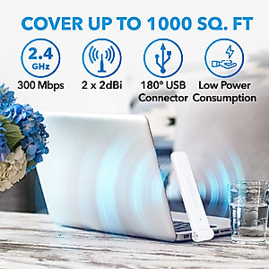 RANGEXTD USB WiFi Extender Antenna - USB WiFi Adapter for Desktop PC and Laptop | 300 Mbps USB WiFi Range Extender | 2.4GHz Dual-Antenna WiFi USB Stick | USB WiFi Antenna Extends WiFi to 1000 Sq. Ft