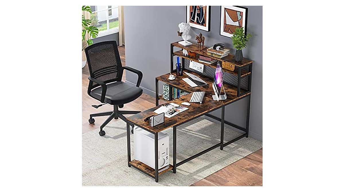Tribesigns 67" Reversible Computer Desk with Storage - Rustic Brown