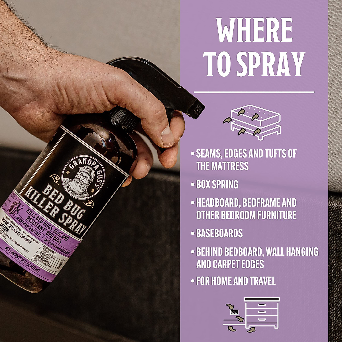 Grandpa Gus's Natural Bed Bug Killer Spray, 48 Hours Time-Release Plant-Based Actives, Kills Bed Bugs & Their Eggs, 16 fl oz