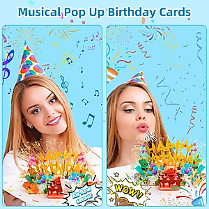 CUISH Birthday Cards with Lights & Music & Candle, 3D Pop Up Musical Happy Birthday Greeting Cards Decoration Gifts for Women Man Girl Boy Daughter Son