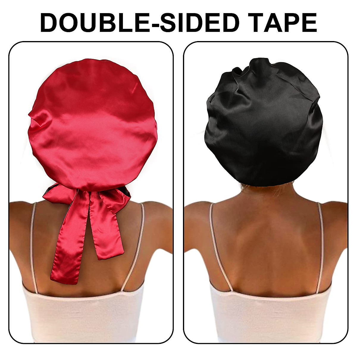 Satin Bonnet Silk Sleep Cap Hair Bonnets for Women Stretchy Tie Band Hair Cap for Curly Hair Silk Hair Wrap(Black+Red)